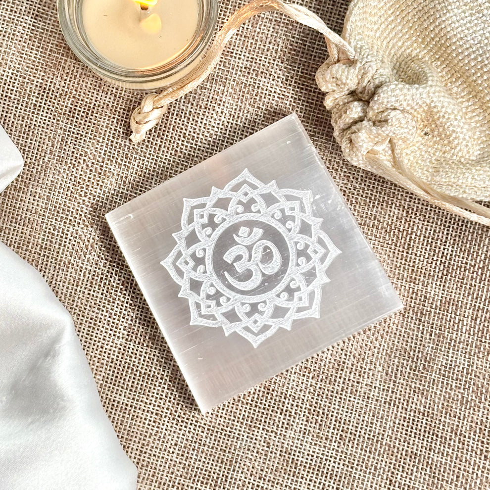 Om Engraved Selenite/Satin Spar Plate – The Trivia Store