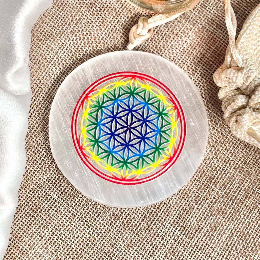 Flower of Life Engraved Selenite/Satin Spar Plate – The Trivia Store
